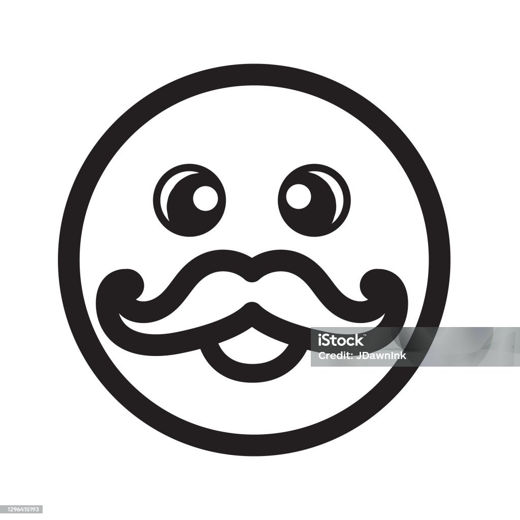 Cute Simple Outline Line Art Emoji With Mustache On Isolated White