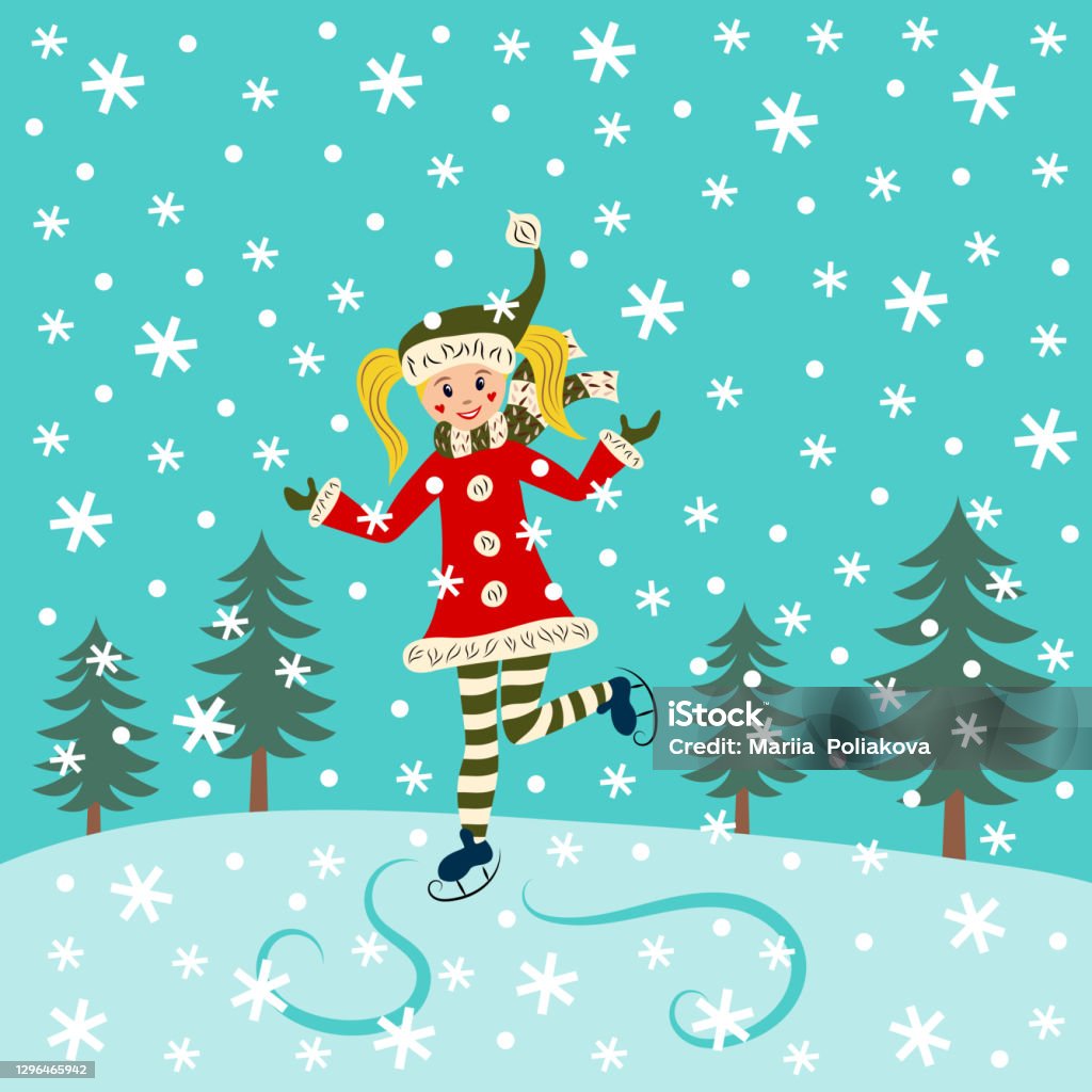 Vetores De Menina Bonita Patina No Gelo Ao Ar Livre A Neve Está Caindo