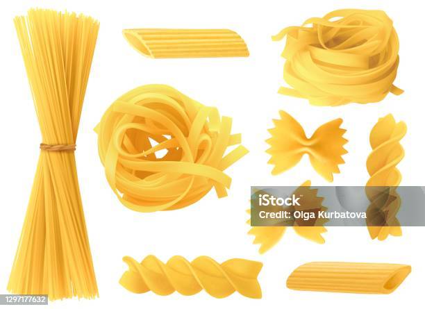 Types De Pâtes Italiennes Spaghetti Sec 3d Réaliste Penne Et