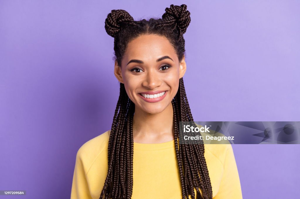 Portrait Of Optimistic Cool Lady Wear Yellow Sweater Isolated On Lilac