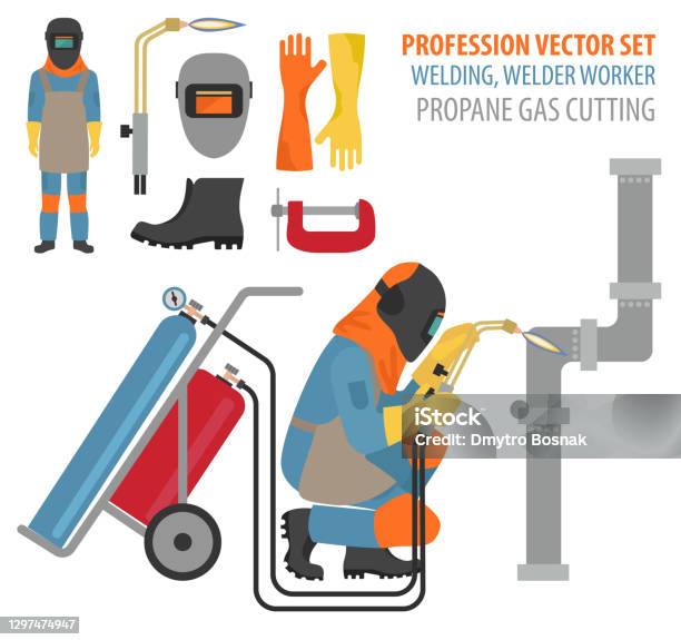 Profession And Occupation Set Metal Welding Equipment Gas Cutting Flat