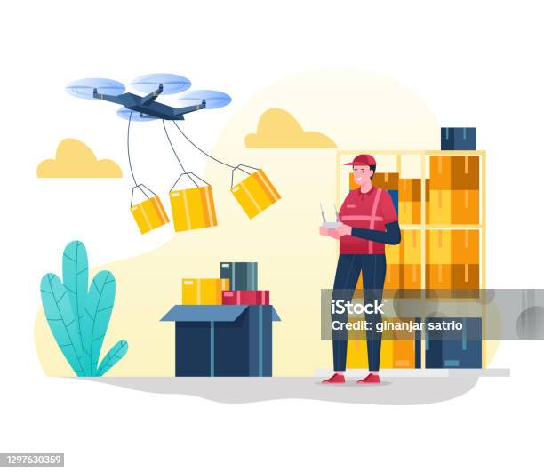Kurir Mengirimkan Paket Dengan Drone Ke Alamat Pelanggan Layanan ... Kurir Mengirimkan Paket Dengan Drone Ke Alamat Pelanggan Layanan ...