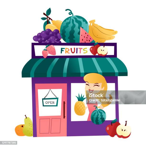 Ilustración De Tienda De Frutas De Dibujos Animados Con El Tendero En