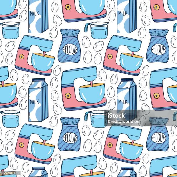 Bahan Roti Latar Belakang Dengan Blender Susu Dan Tepung Ilustrasi Stok