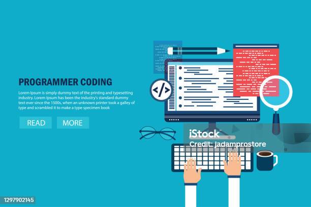 Programmer Coding Laptop Computer Work Desk Freelancer Sitting On Table Stock Illustration