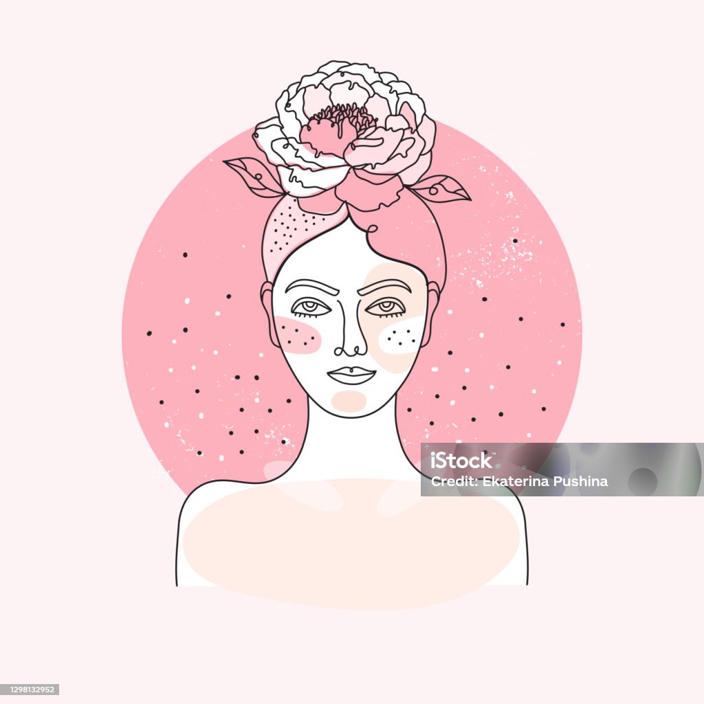 Woman Face In One Continuous Line Art Style With Flowers And Leaves