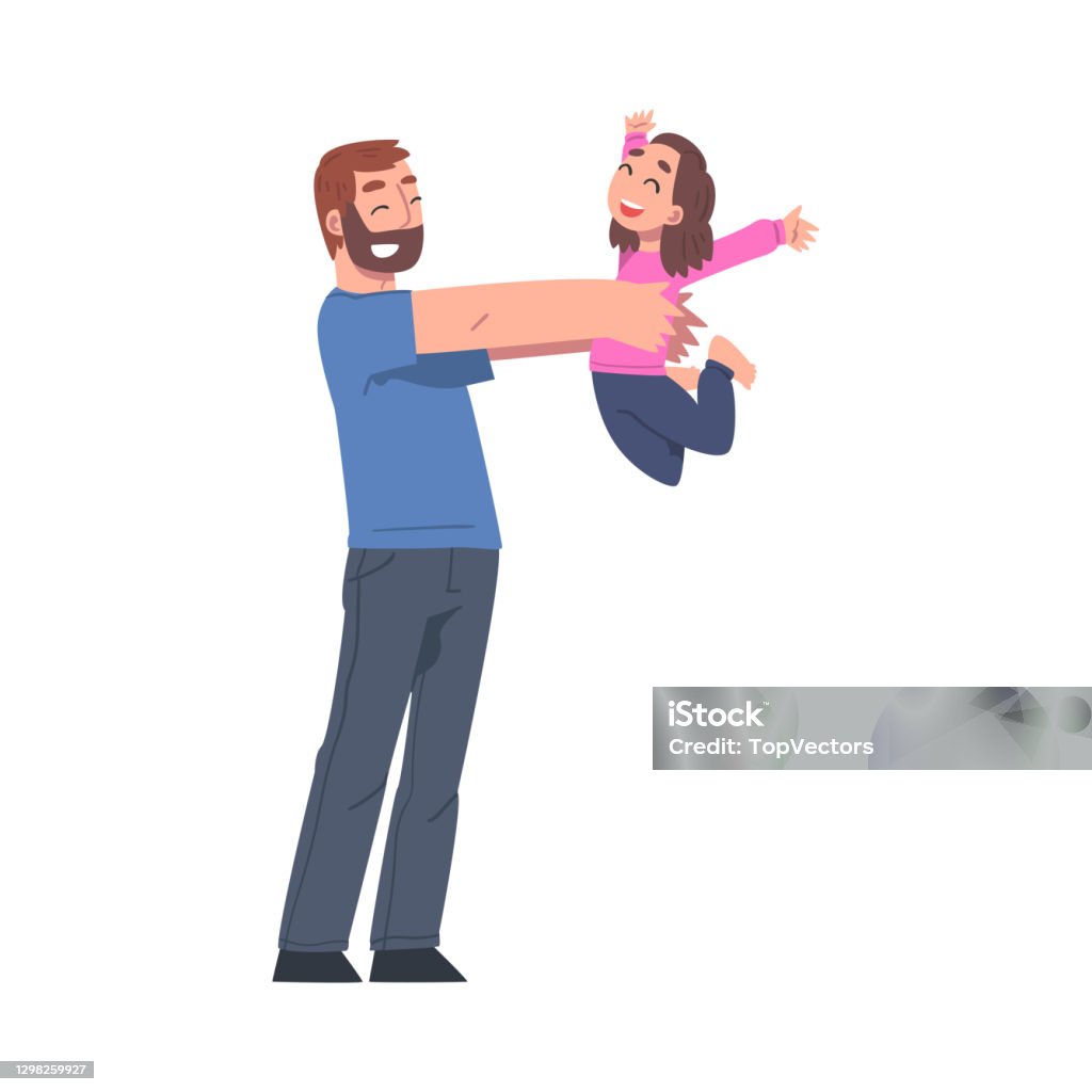 Papa Barbu Riant Et Jouant Avec Son Illustration De Vecteur De Fille