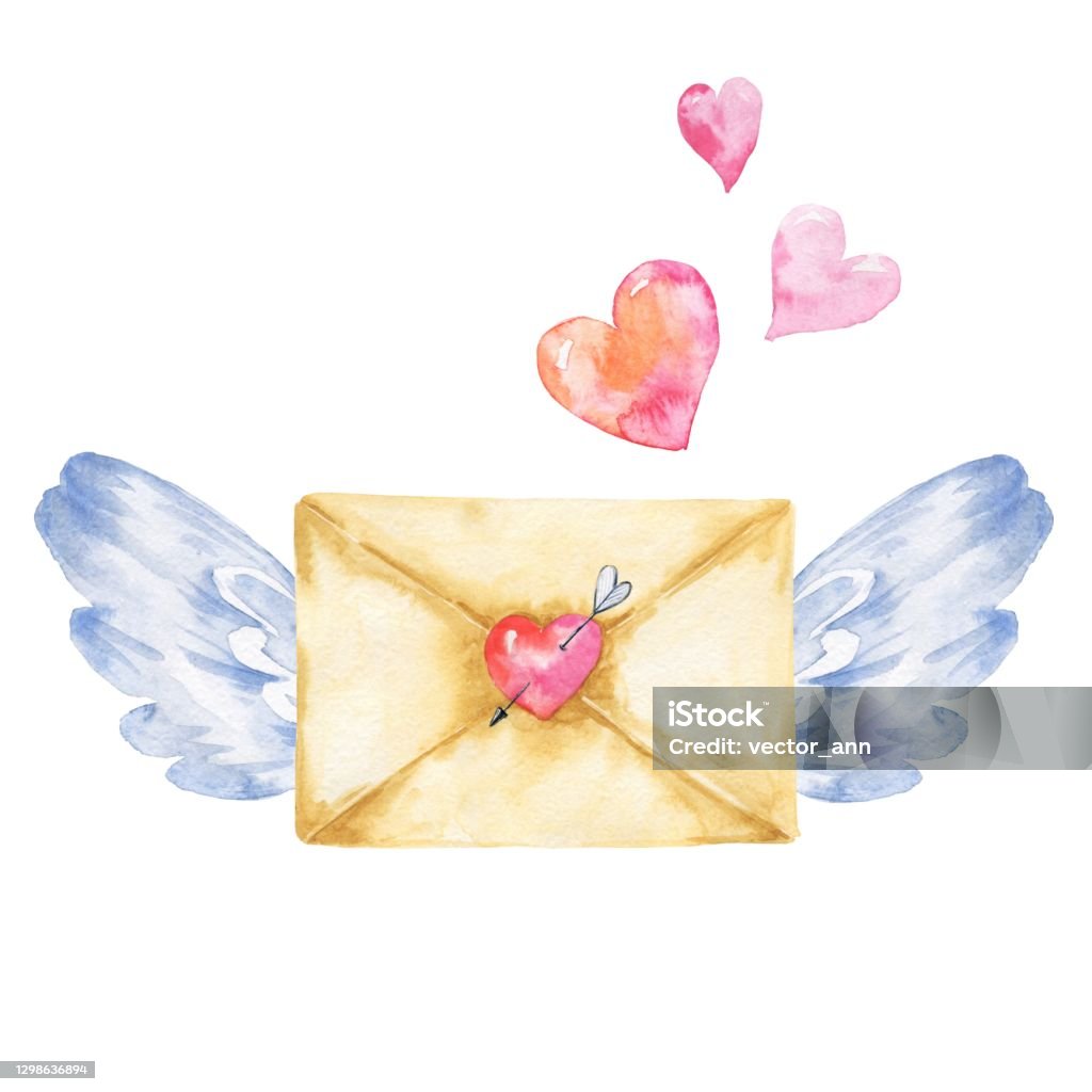Lettre Damour Daquarelle Avec Des Ailes Et Des Coeurs Dange Sur Le Fond