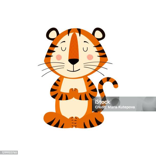 Kartun Lucu Bergaris Harimau Merah Harimau Dalam Pose Yoga Mencetak