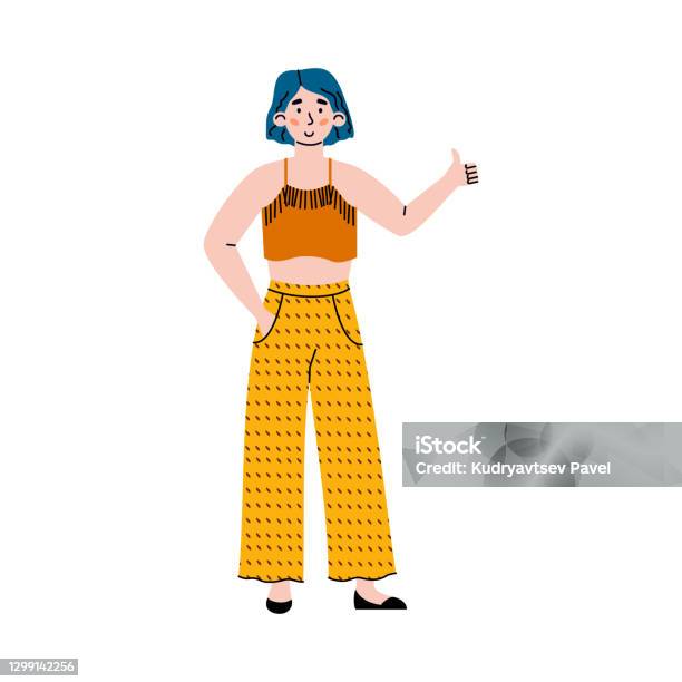Leende Kvinna Stående Höja Tummen Upp Tecknad Vektor Illustration