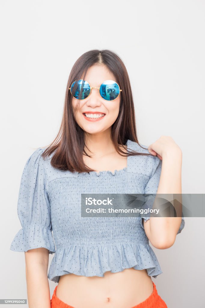 Fashion Portrait Of Smiling Beautiful Women With Sunglass Posting On