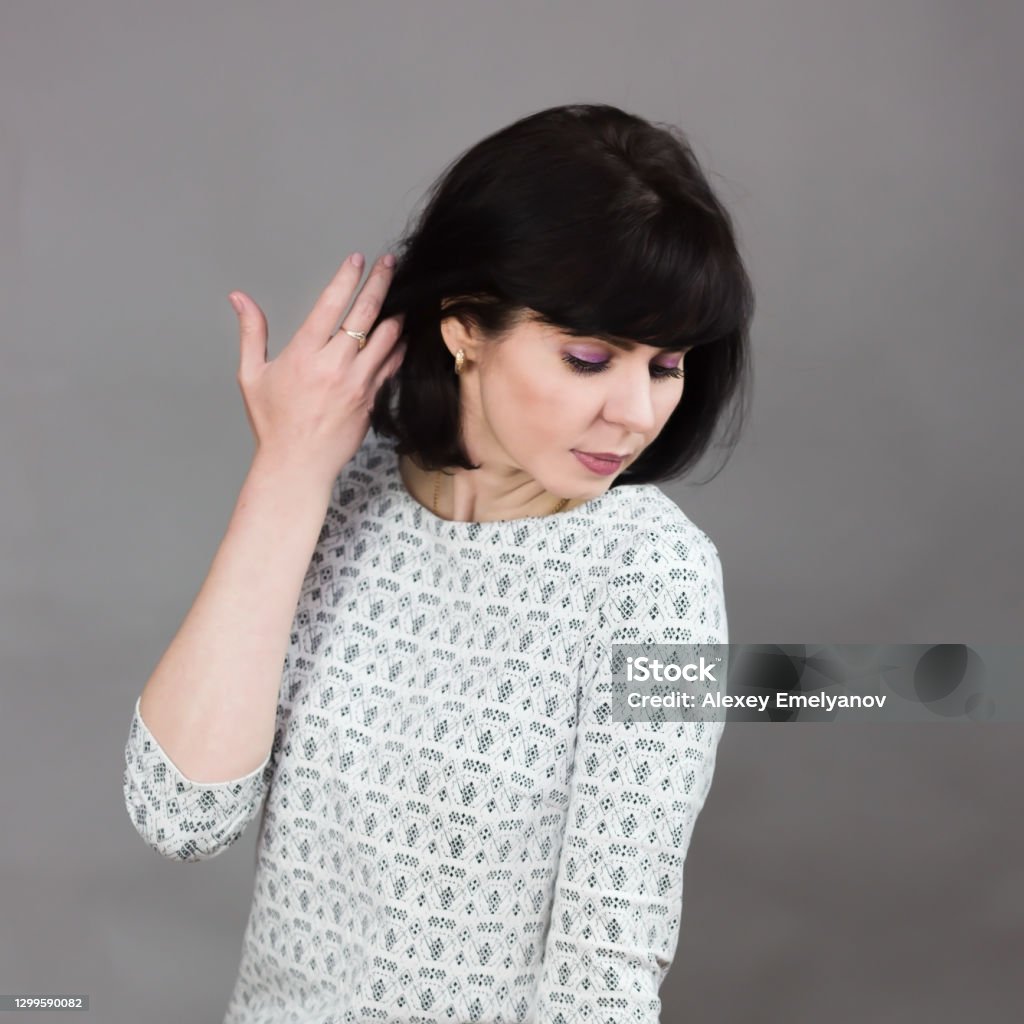 Beautiful Adult Brunette Woman With Short Hair Bob Hairstyle Stock