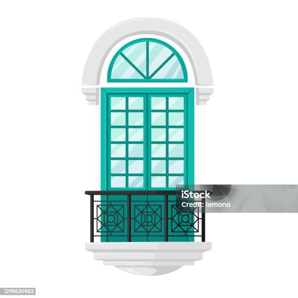 Balkon Dengan Pagar Ditempa Pintu Hijau Dengan Jendela Kecil Dan