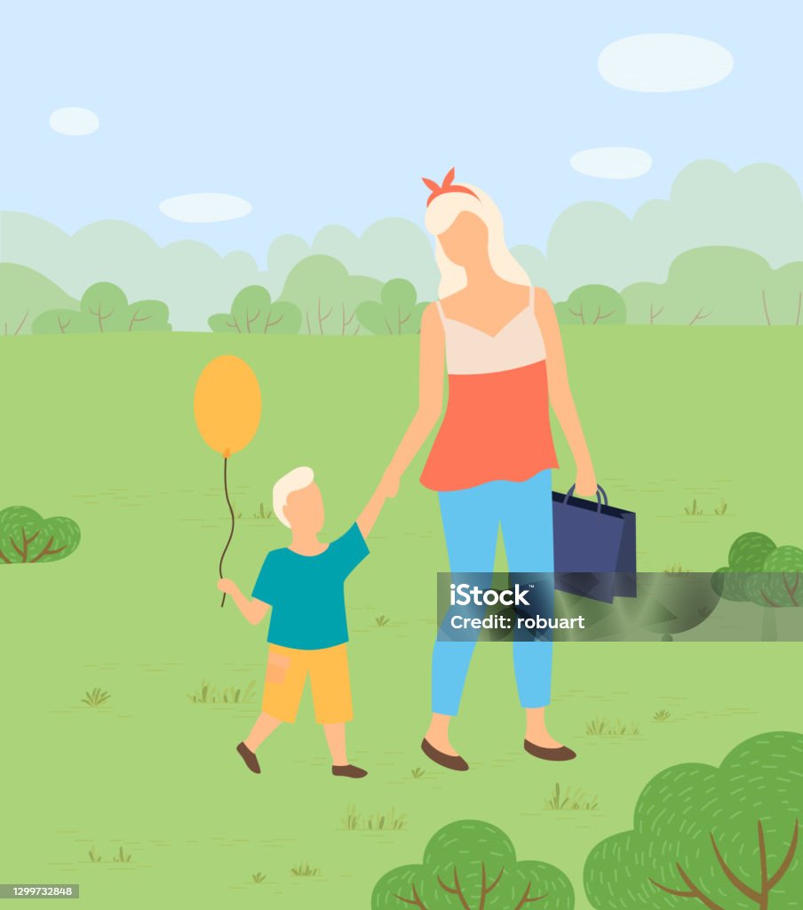 Kvinna Och Son Med Ballong I Park Walking Natur Vektorgrafik Och Fler
