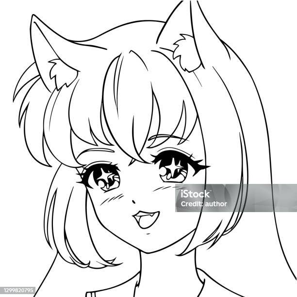 Sevimli Anime Kız Simgesi Portre Kontur Vektör Illüstrasyon Stok Vektör Sanatı And Evcil Kedi‘nin