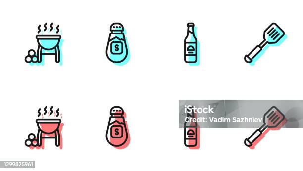 Réglez La Bouteille De Bière De Ligne Gril De Barbecue Icône De Sel Et