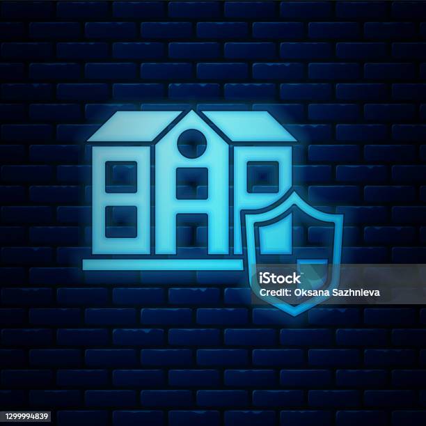 Glowing Neon House Dengan Ikon Perisai Terisolasi Pada Latar Belakang