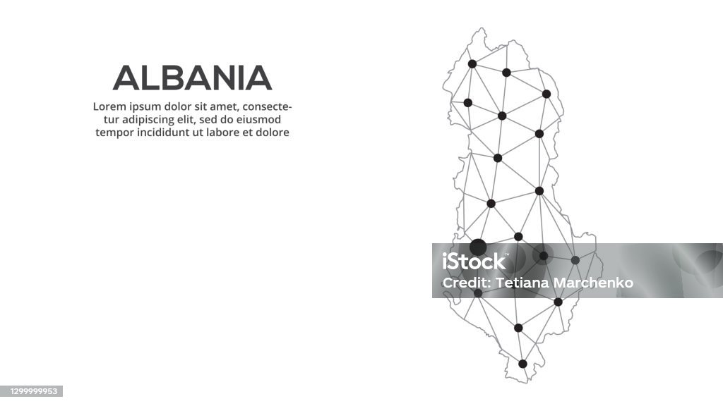 Albanien Kommunikationsnät Karta Vector Låg Poly Bild Av En Global Karta Med Ljus I Form Av