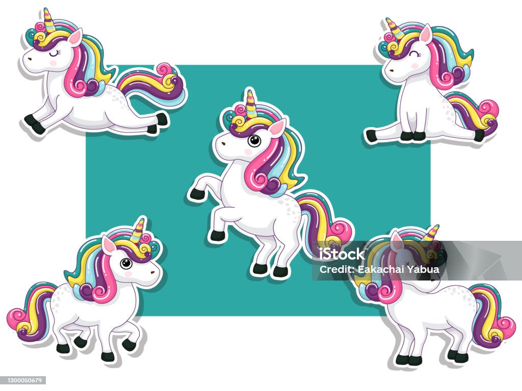 Ensemble Mignon Dautocollant De Dessin Animé De Licornes Illustration