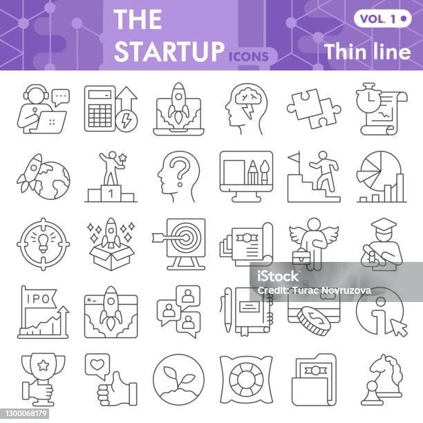Startup Set Ikon Garis Tipis Koleksi Simbol Mulai Bisnis Atau Sketsa