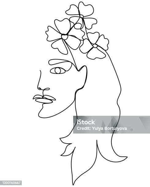 Continuous Line Menggambar Wajah Wanita Cantik Dengan Bunga Dan Daun