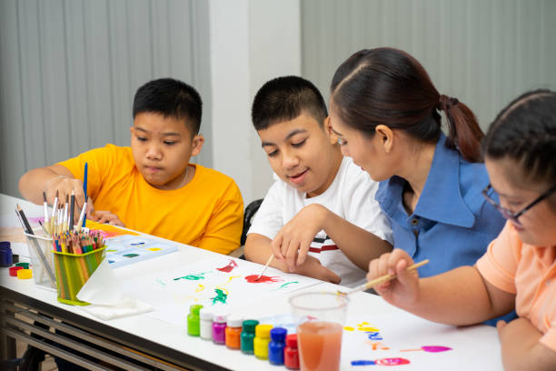 Asian disability children with Autism girl learning color paint in ...