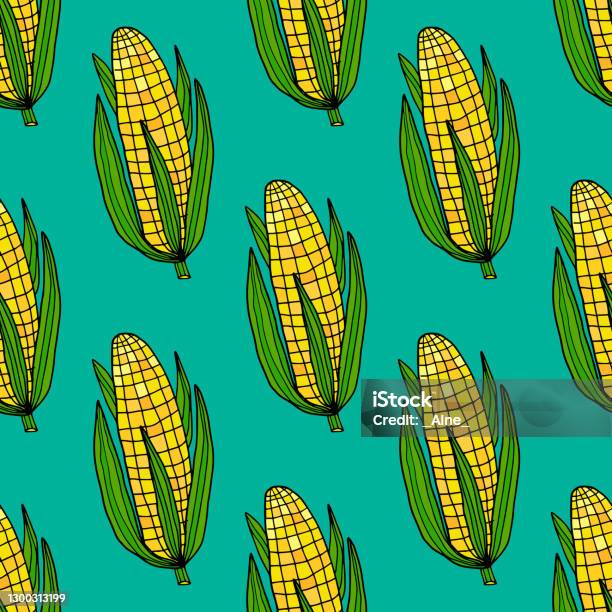 Cute Cartoon Doodle Fresh Corn With Leaves Seamless Pattern Stock