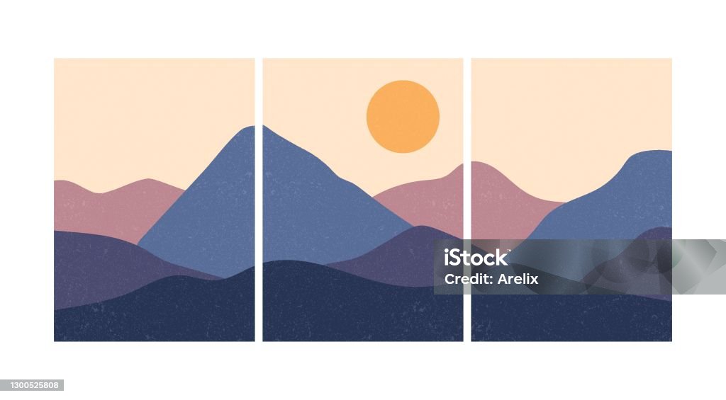 Poster Lanskap Gunung Kontemporer Dekorasi Dinding Minimal Geometris