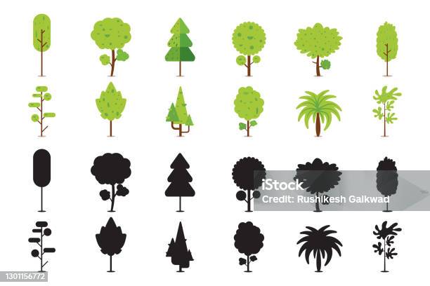 Collection Darbres Plats Verts De Modèle Vecteurs Libres De Droits Et