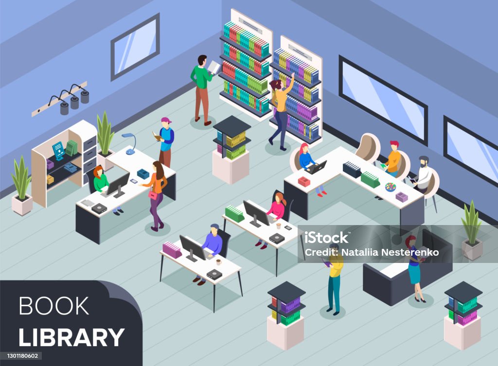 Orangorang Di Perpustakaan Buku Modern Ilustrasi Vektor Warna Isometrik