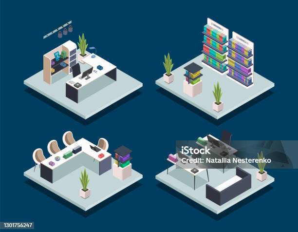Perpustakaan Buku Modern Ilustrasi Vektor Warna Isometrik Diatur Toko