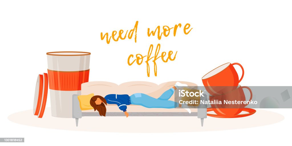 Perlu Lebih Banyak Ilustrasi Vektor Konsep Kopi Datar Wanita Mengantuk