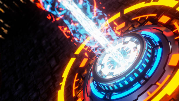 Power button Emits Particle Beam on black background. Sci-fi idea ...