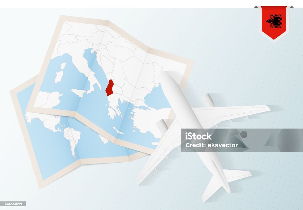 Resa Till Albanien Top View Flygplan Med Karta Och Flagga Av Albanien Vektorgrafik Och Fler