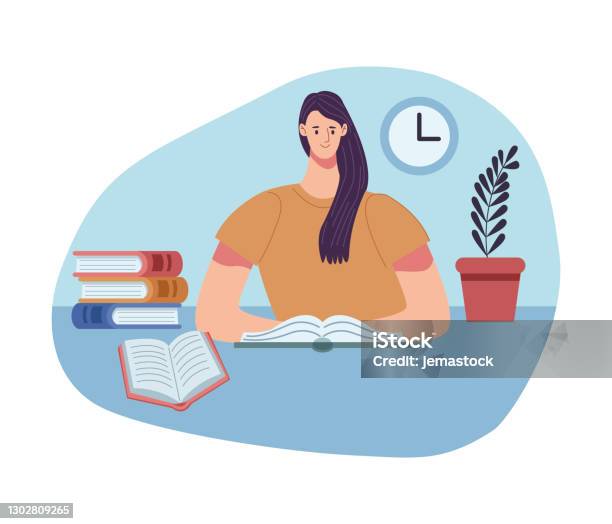 Ilustración De Lector Niña Leyendo Libro Sentado En El Personaje Del