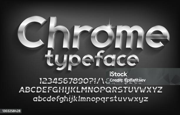 Font Alfabet Chrome 3d Huruf Metalik Angka Dan Tanda Baca Dengan