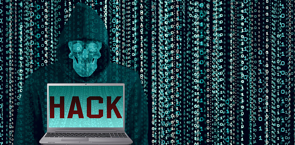 Hacker In Black Hood On Binary Background Code Containing A Binary Stream And A Security