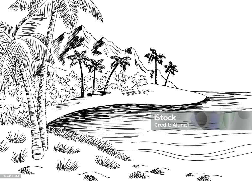 Pantai Pantai Laut Grafis Hitam Putih Lanskap Sketsa Ilustrasi Vektor
