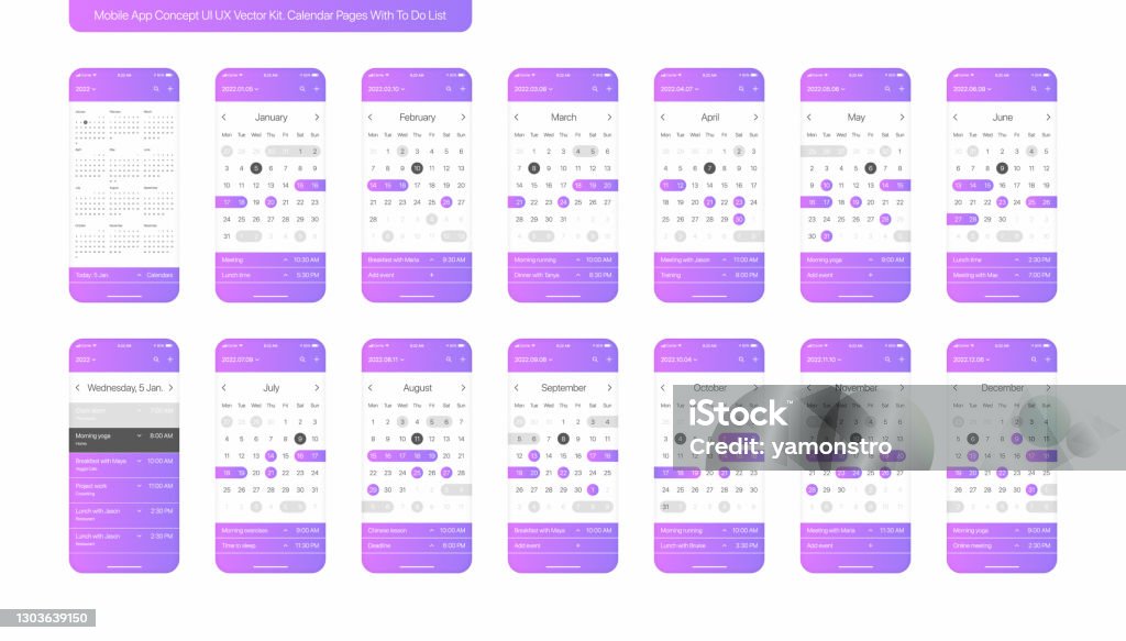 Calendrier Mobile App Ui Ux Concept Vector Kit Isolé Sur Fond Blanc