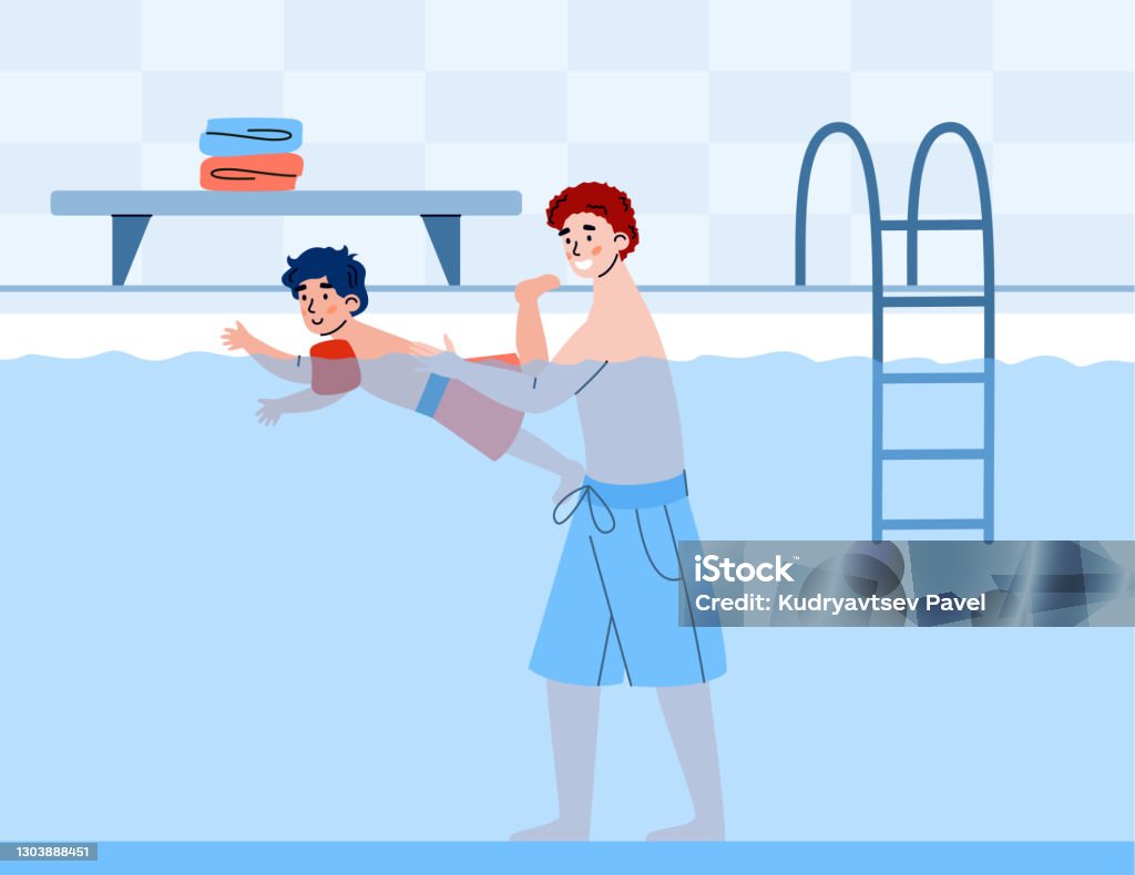 Far Och Son Tillsammans I Poolen Tecknad Vektor Illustration