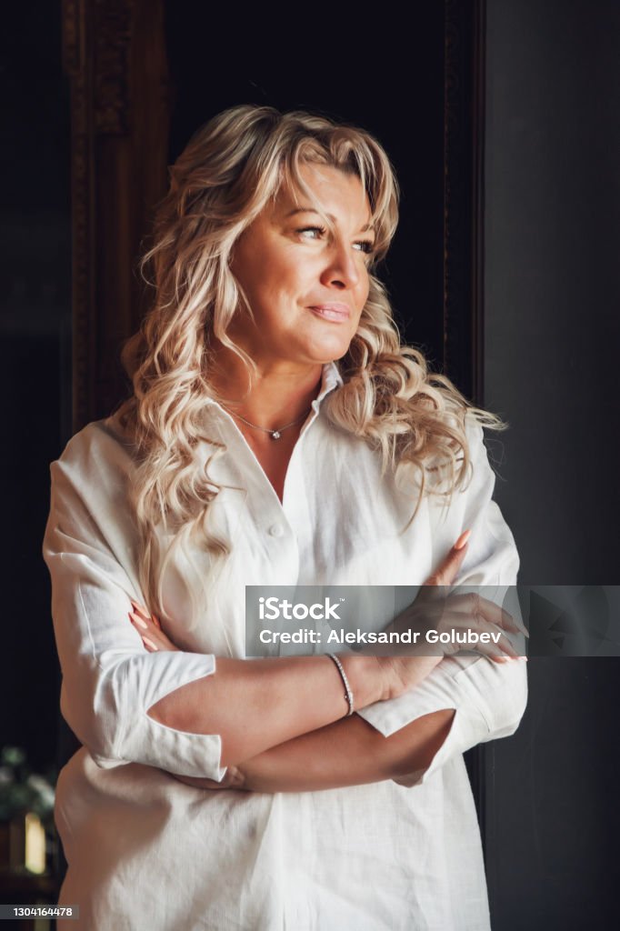 Portrait Photo Cute Middle Aged 45 Years Old Blonde Woman In Domestic