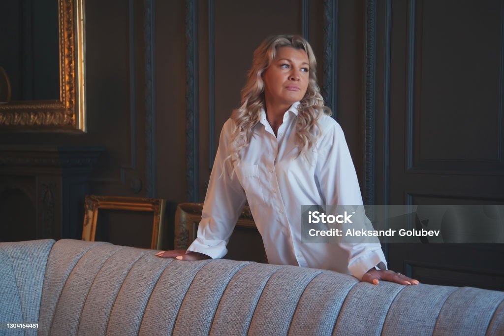 Portrait Photo Cute Middle Aged 45 Years Old Blonde Woman In Domestic
