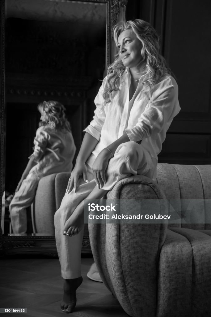 Portrait Photo Cute Middle Aged 45 Years Old Blonde Woman In Domestic
