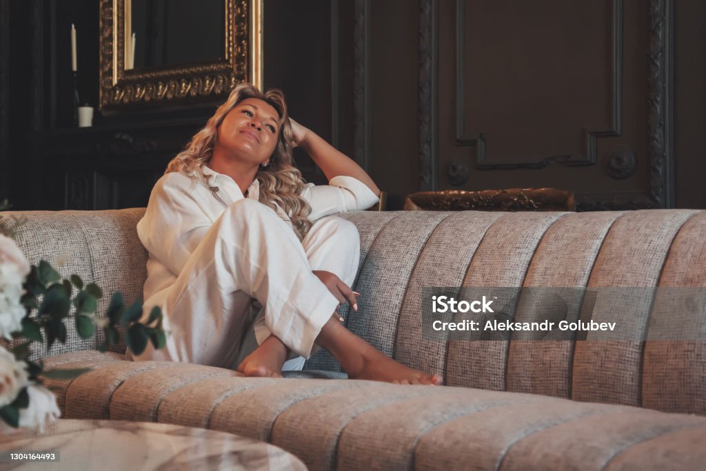 Portrait Photo Cute Middle Aged 45 Years Old Blonde Woman In Domestic
