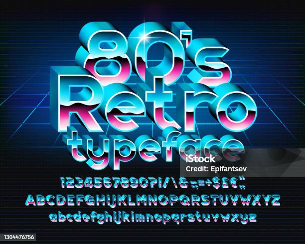Font Alfabet Retro 80an Huruf 3d Angka Dan Tanda Baca Dalam Gaya 80an