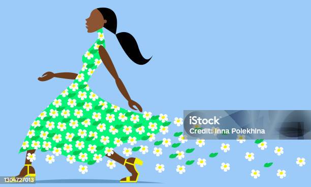 Beautiful Darkskinned Female Top Model Goes In A Green Dress With