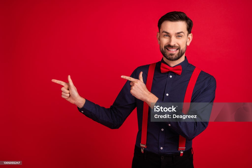 Photo Of Young Happy Cheerful Good Mood Handsome Man Point Finger