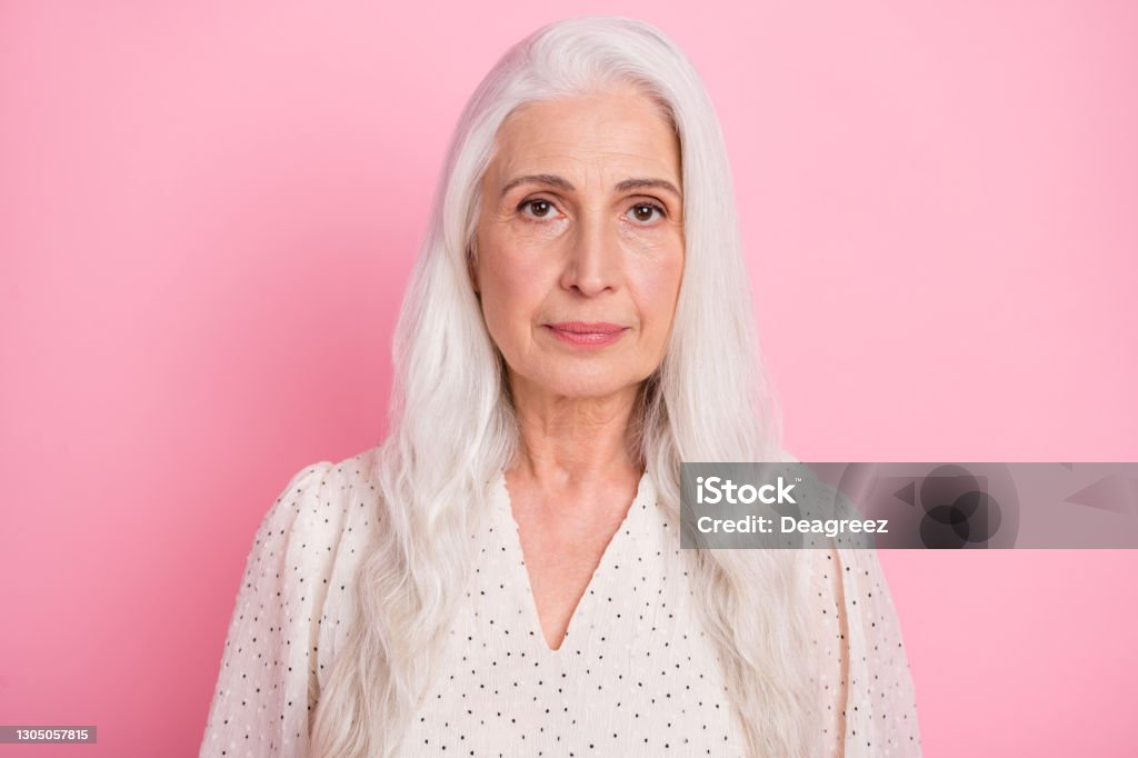 Portrait Of Attractive Content Greyhaired Woman Wearing Pinup Blouse