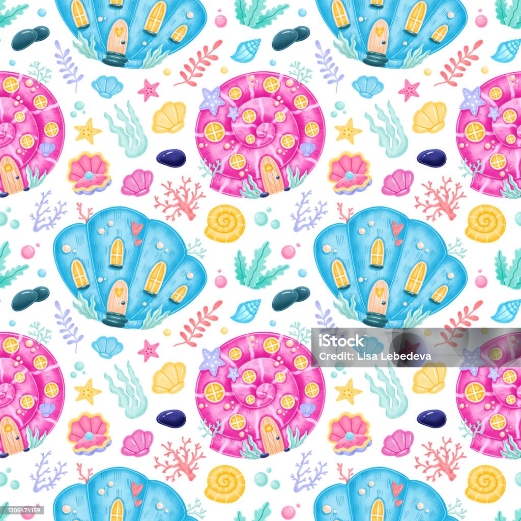 Cute Cartoon Mermaids Seamless Pattern Mermaid Castle Pattern Mermaid