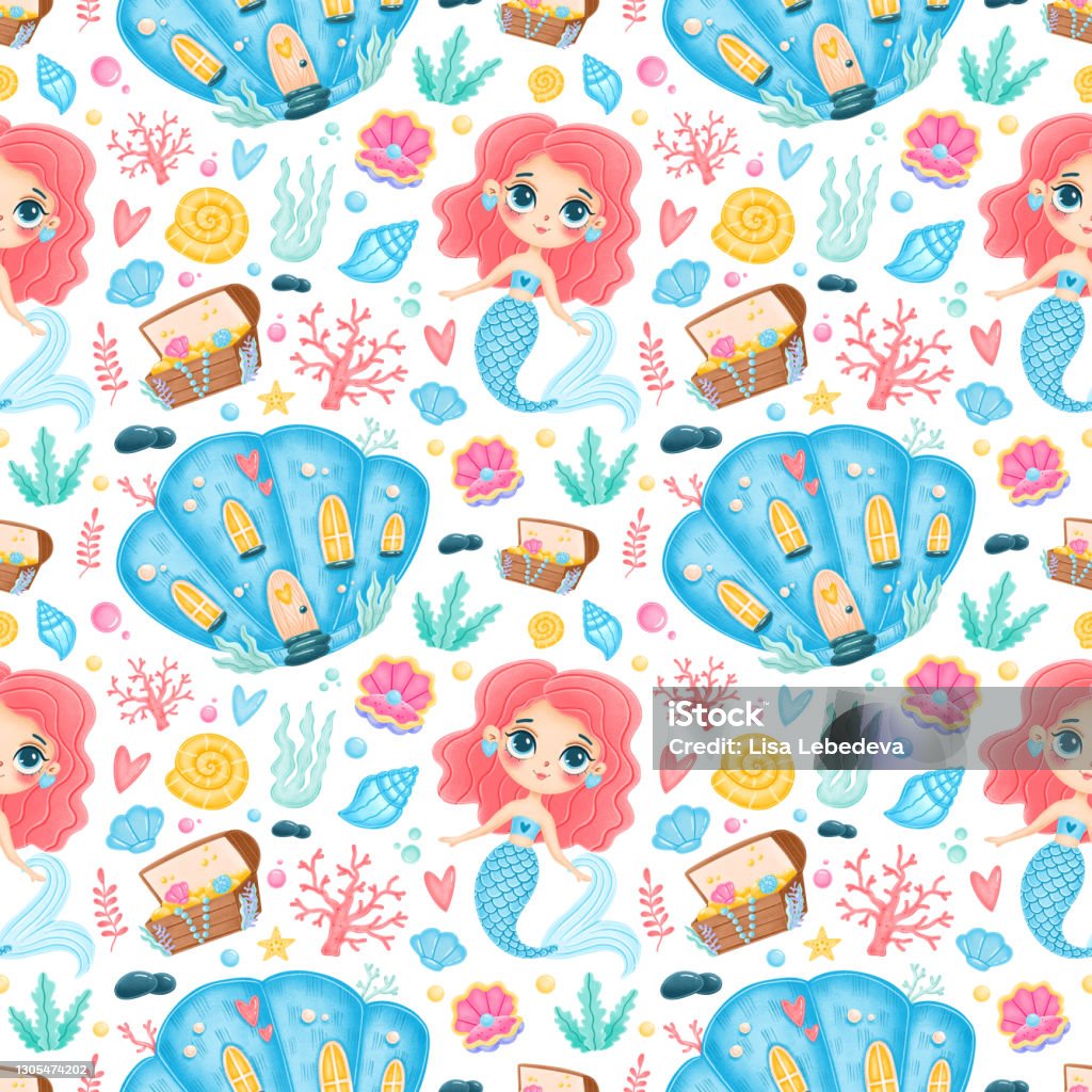 Cute Cartoon Mermaids Seamless Pattern Mermaid Castle Pattern Mermaid